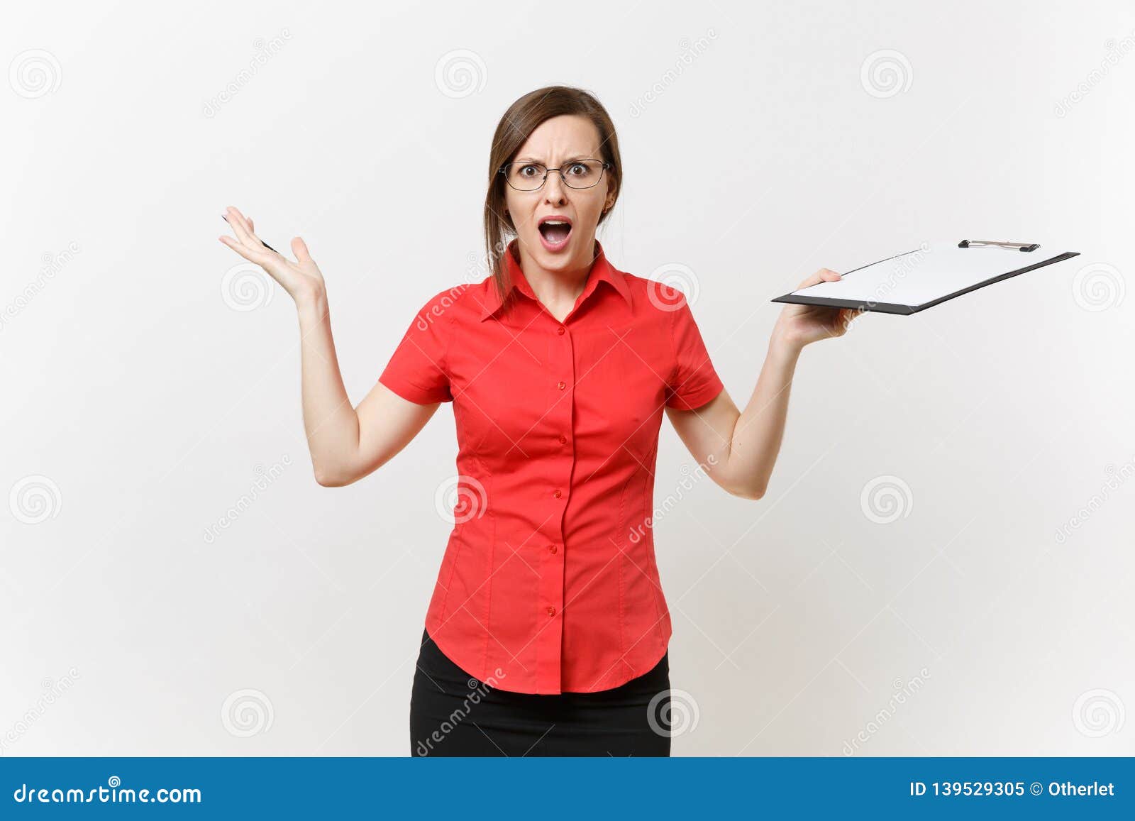 Portrait Of Shocked Business Teacher Woman In Red Shirt Glasses