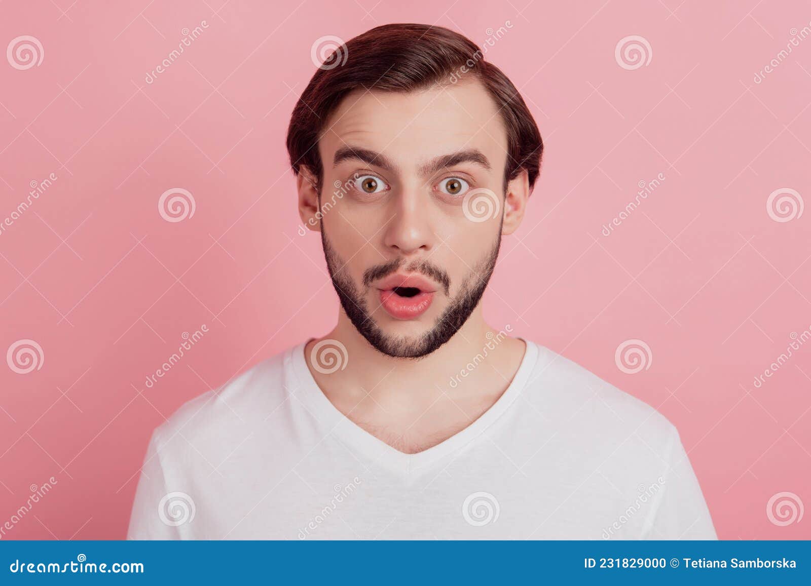 Portrait Of Shocked Funny Excited Guy Open Mouth Omg Reaction On Pink