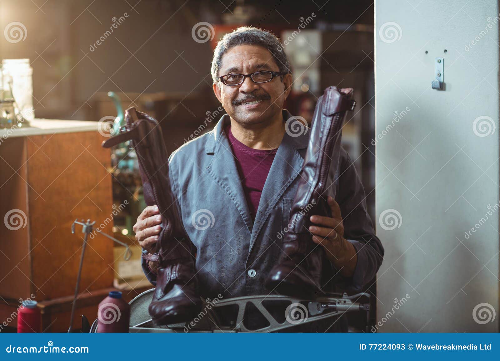 Portrait of Shoemaker Standing with Long Boots Stock Image - Image of ...
