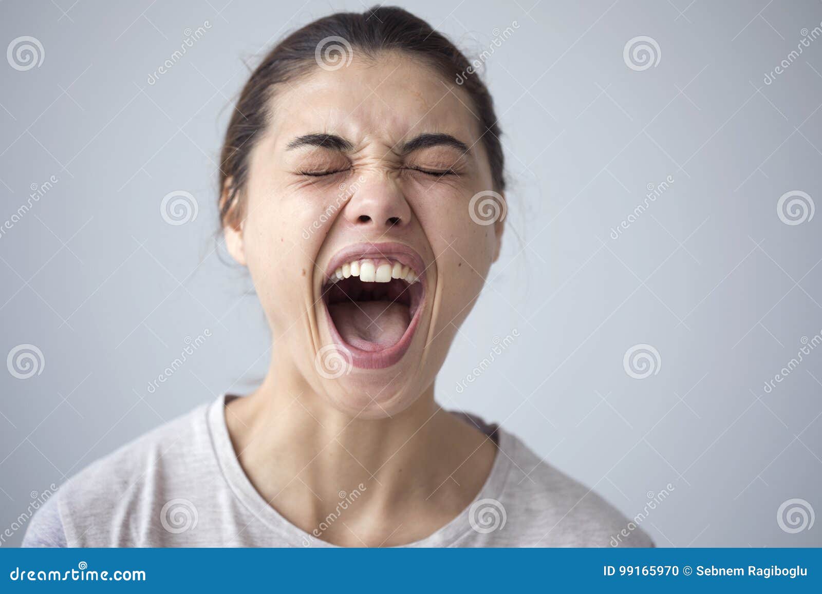 Shouting Young Woman Having Crisis, Holding Hour Glass In Hand Stock ...
