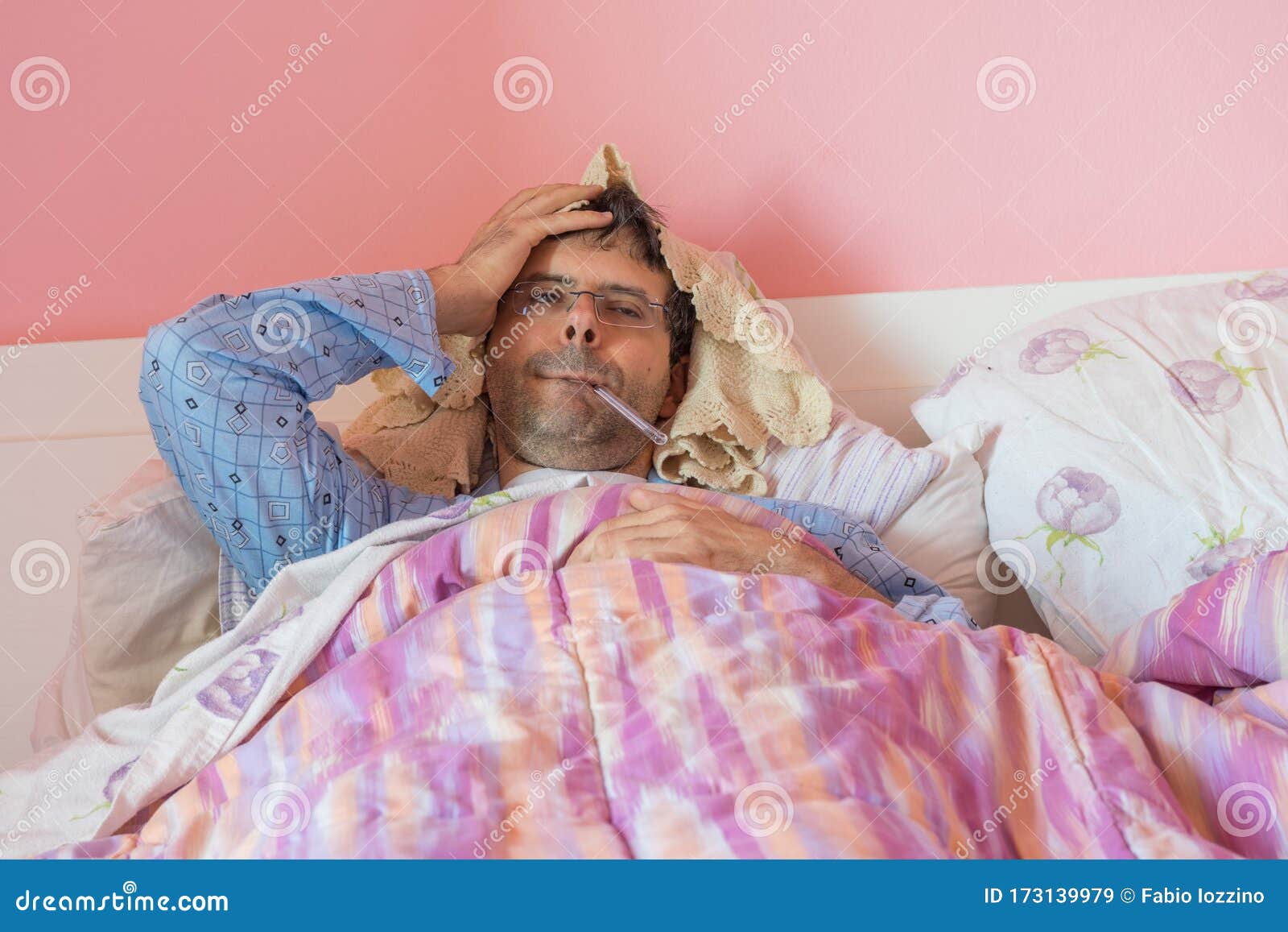 Man with flu into bed stock image. Image of healthcare - 173139979