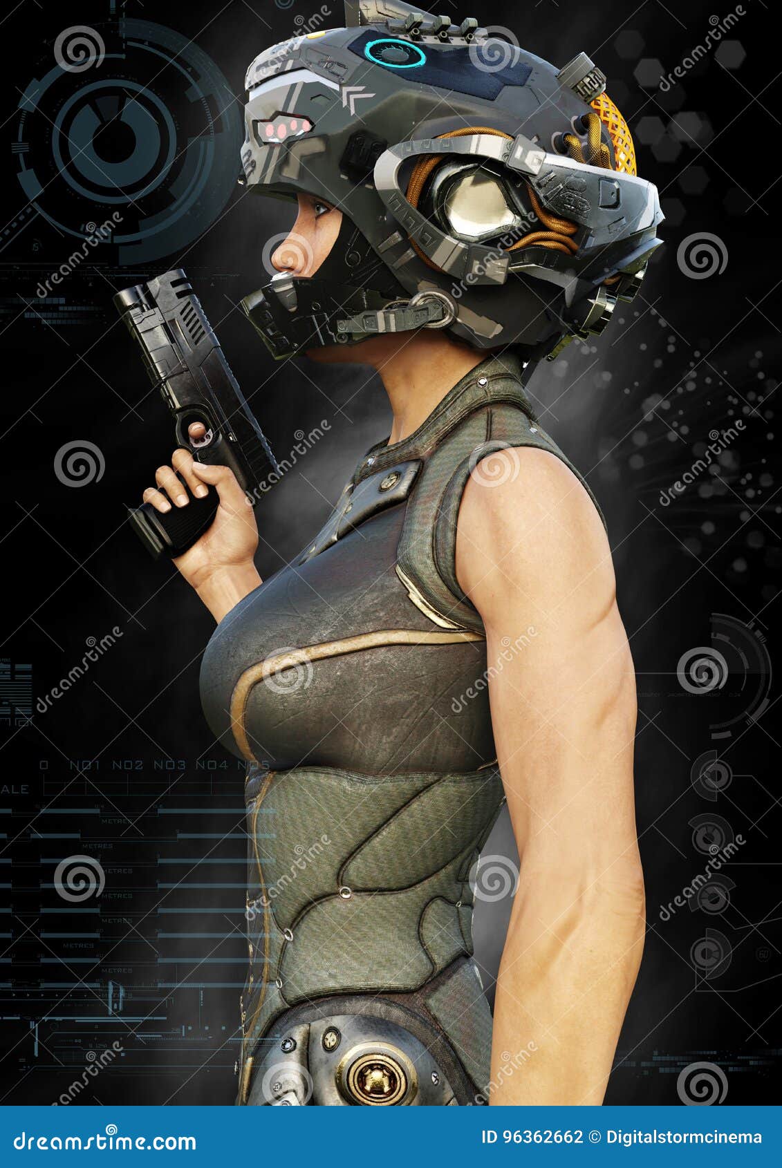 Portrait Side View of a Futuristic Female Warrior with Digital Effect ...