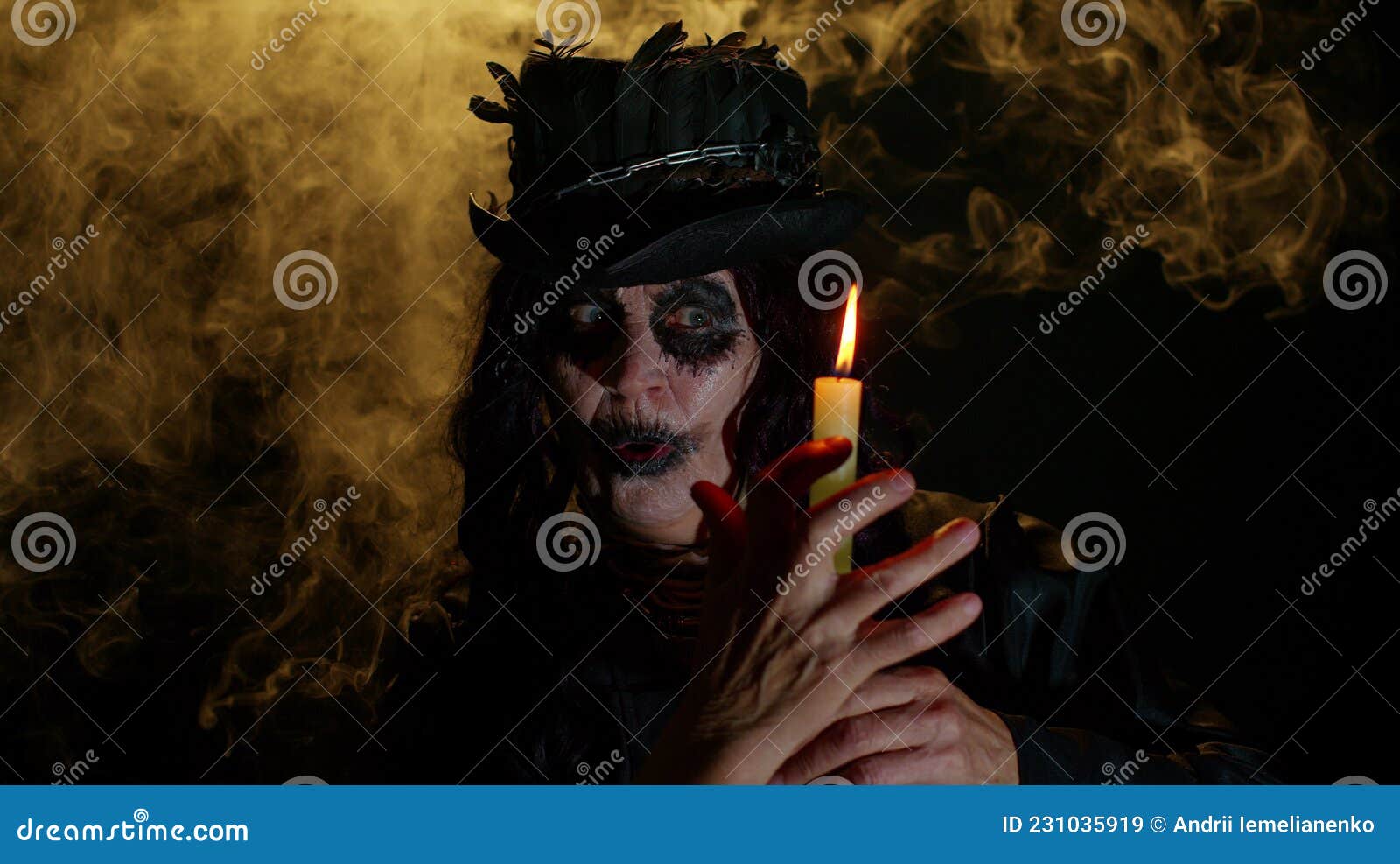 Sinister Old Mature Woman In Carnival Costume Of Halloween Witch Making