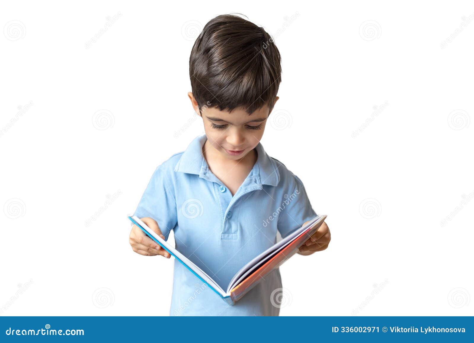 Portrait of Small Clever Minded Boy Hold Opened Book Isolated on White ...