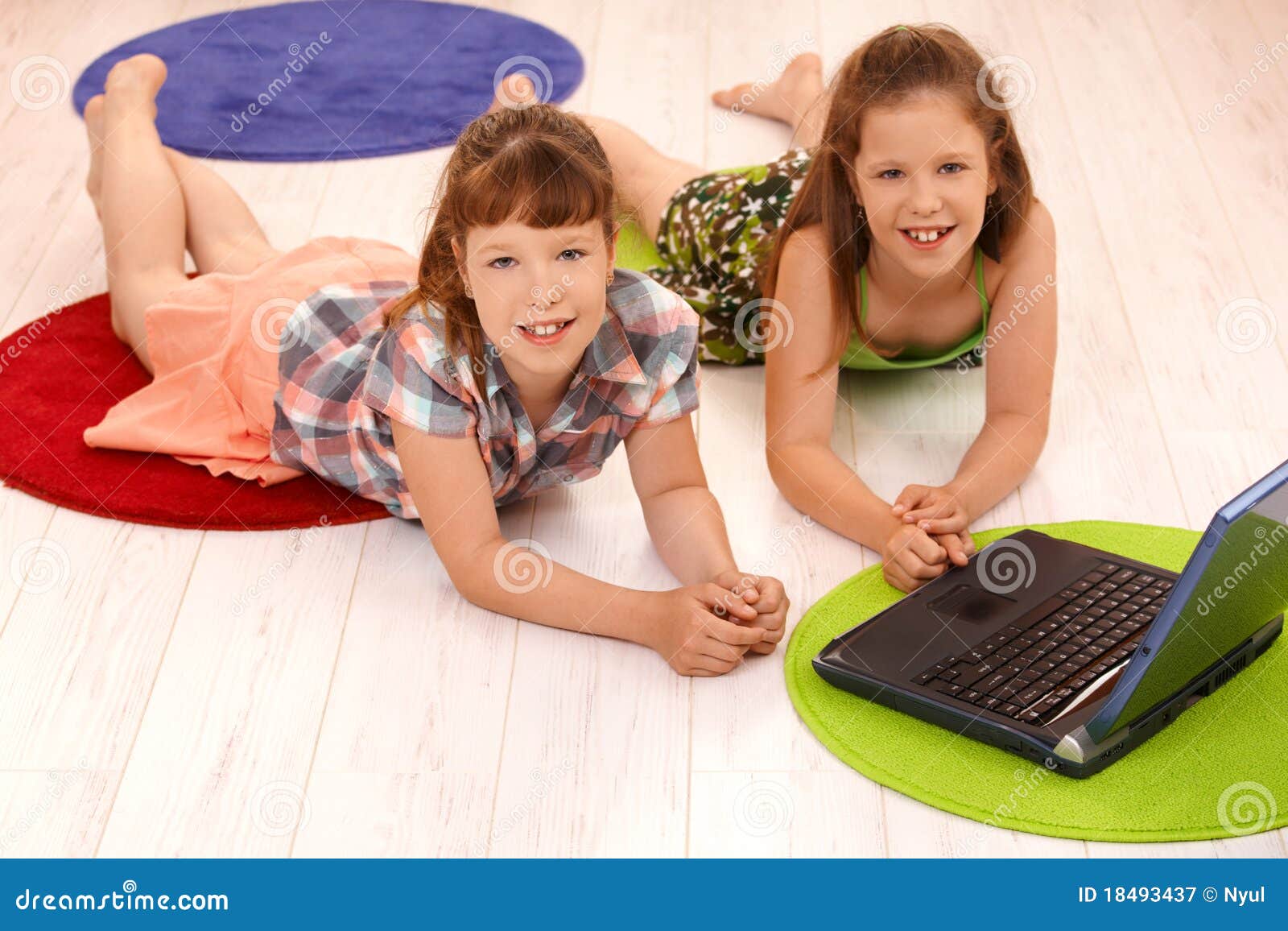 Portrait of Small Girls with Computer Stock Image - Image of face ...