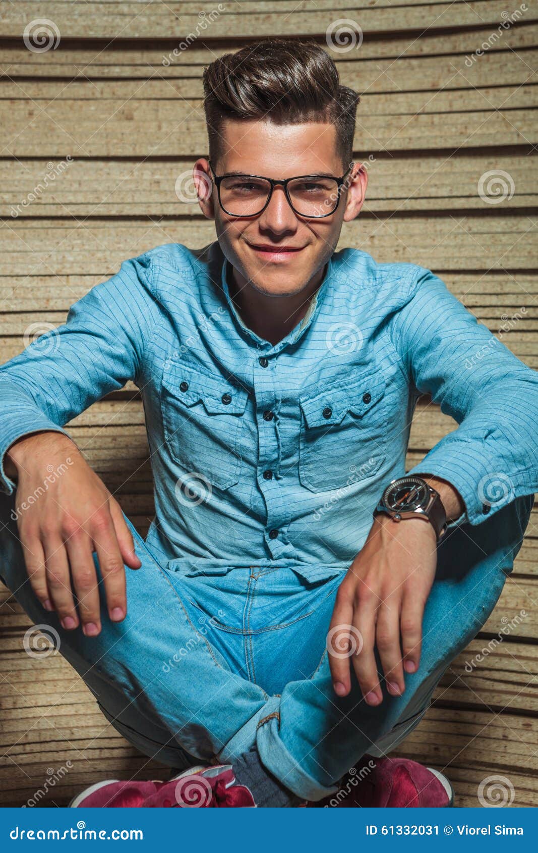 Portrait of Smart Guy in Denim Smiling in Studio Stock Image - Image of ...
