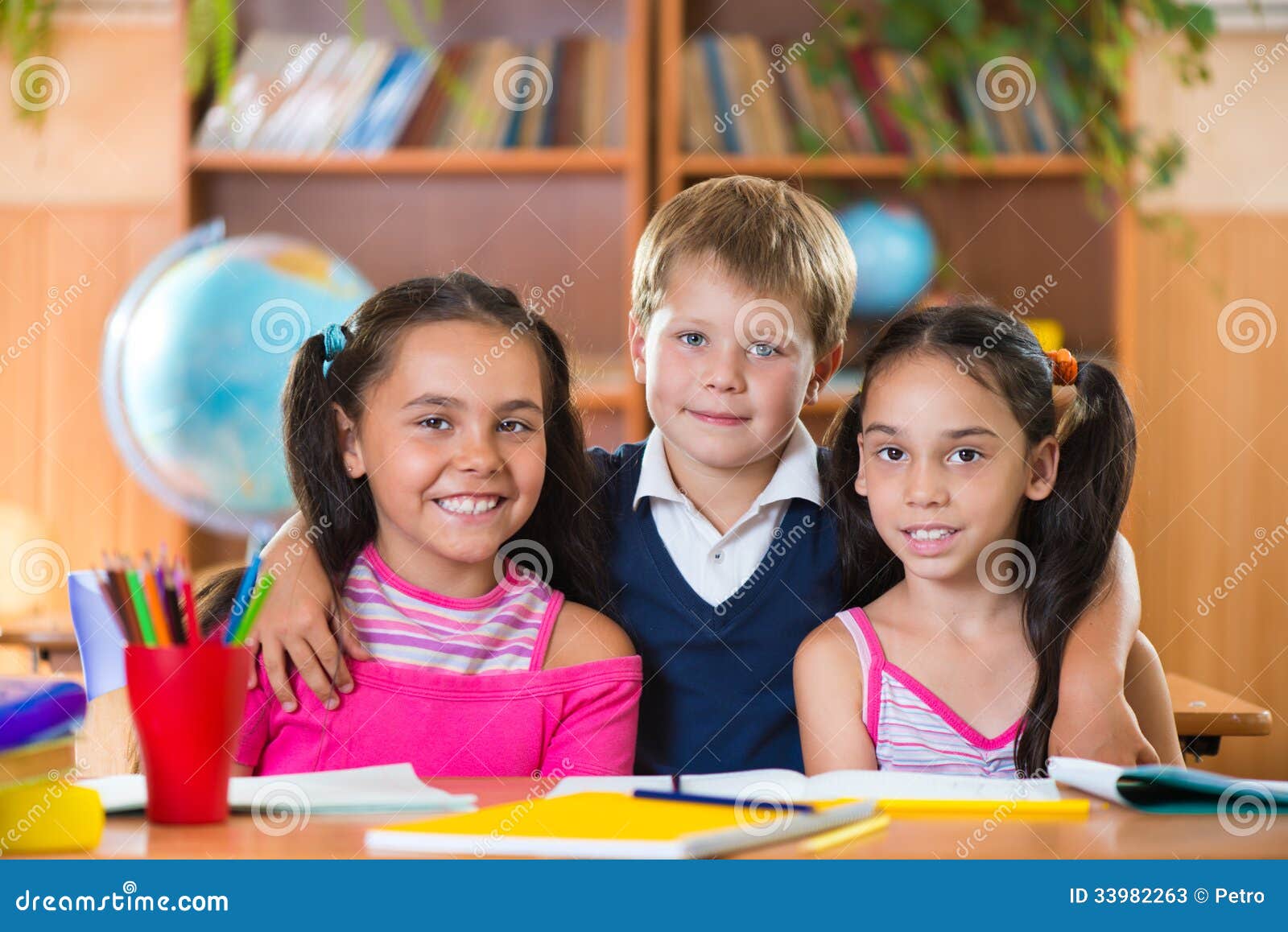 Portrait of Smart Schoolchildren in Classroom Stock Image - Image of ...