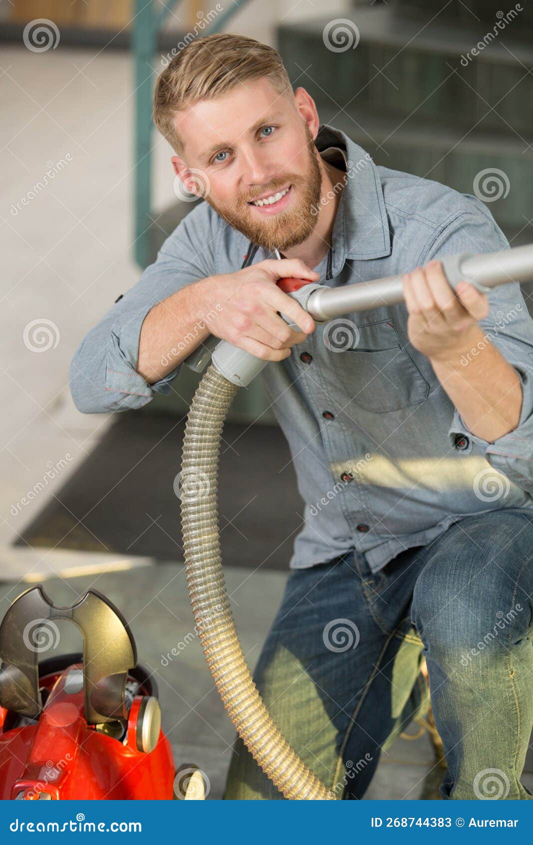 Portrait Smart Young Man Using Vacuum Cleaner Stock Image - Image of ...