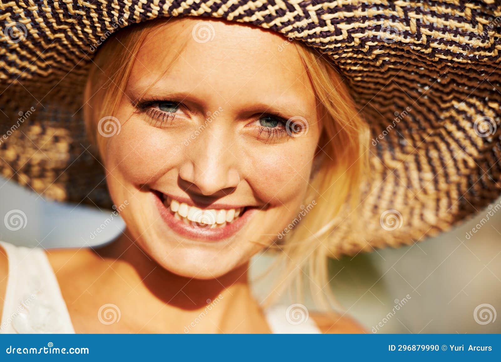 Portrait Smile And Summer With A Woman In A Straw Hat Closeup Outdoor