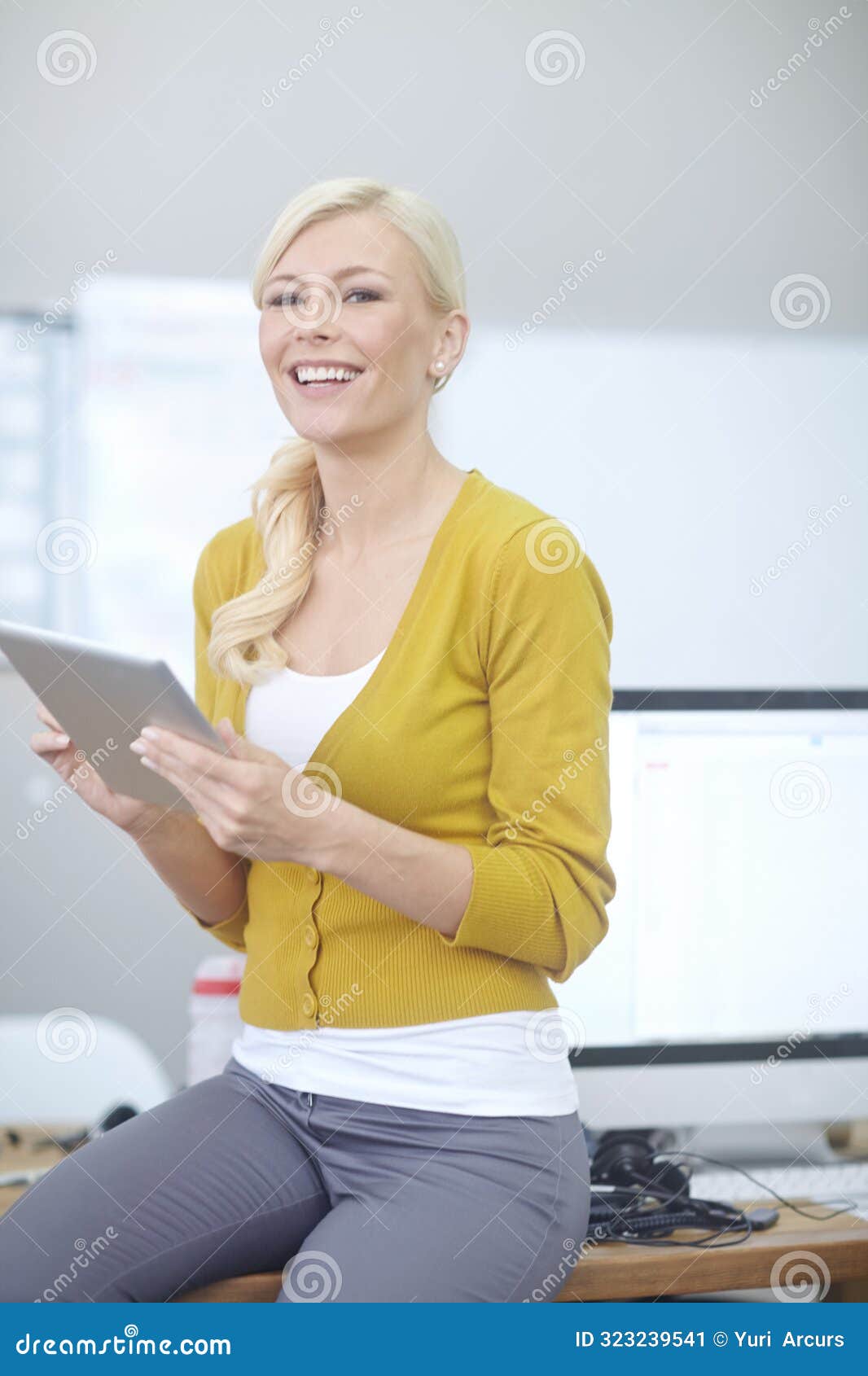 Portrait, Smile and Tablet with Web Developer Woman at Desk in Office ...