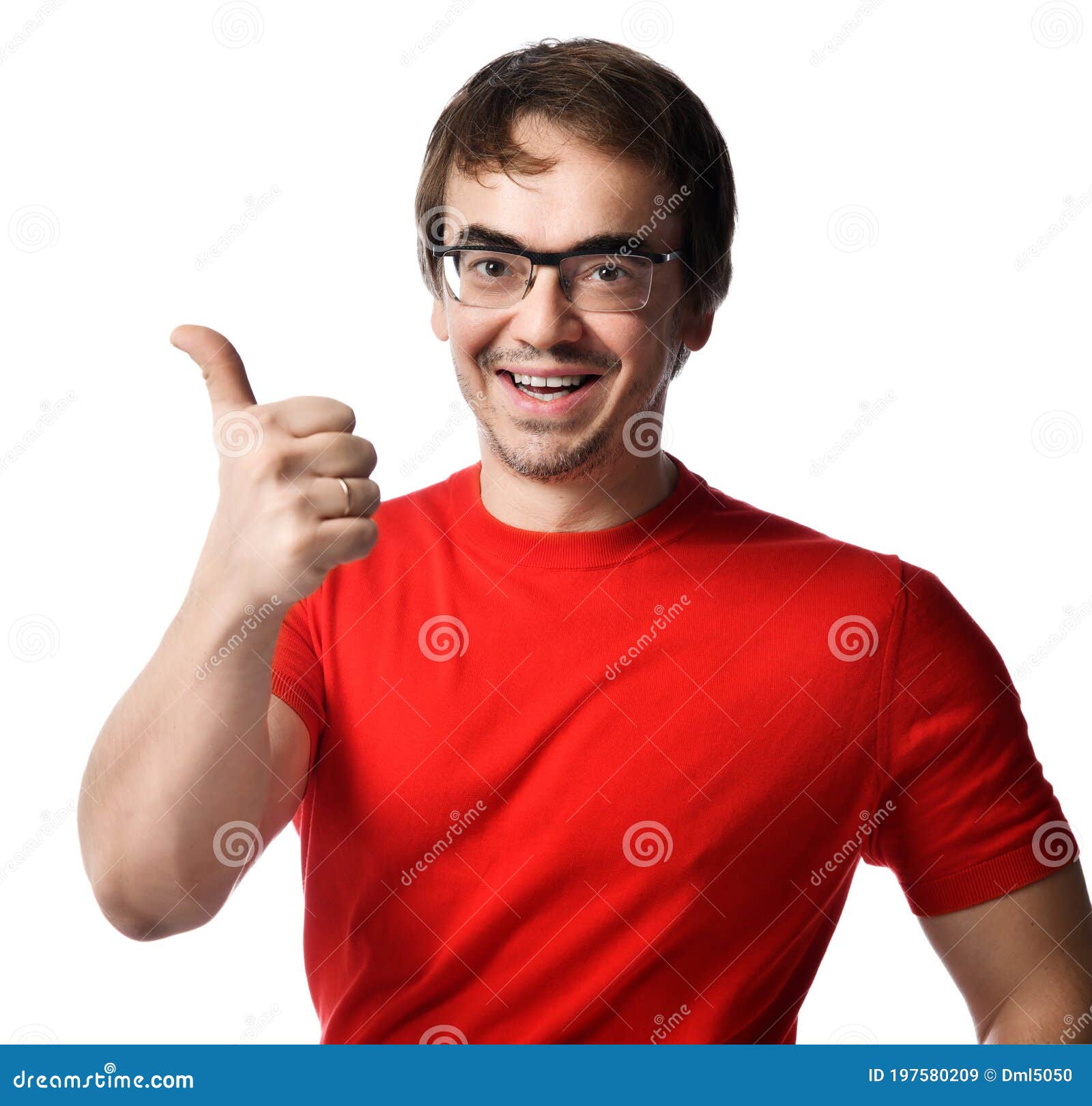 Portrait Of Smiling Adult Man In Glasses And Red T Shirt Gesturing