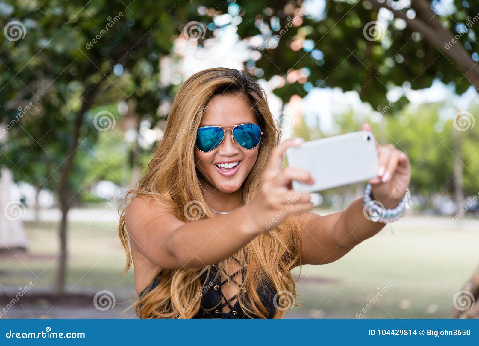 Selfie Fun Millennial Woman With Blue Sunglasses Taking Picture Stock