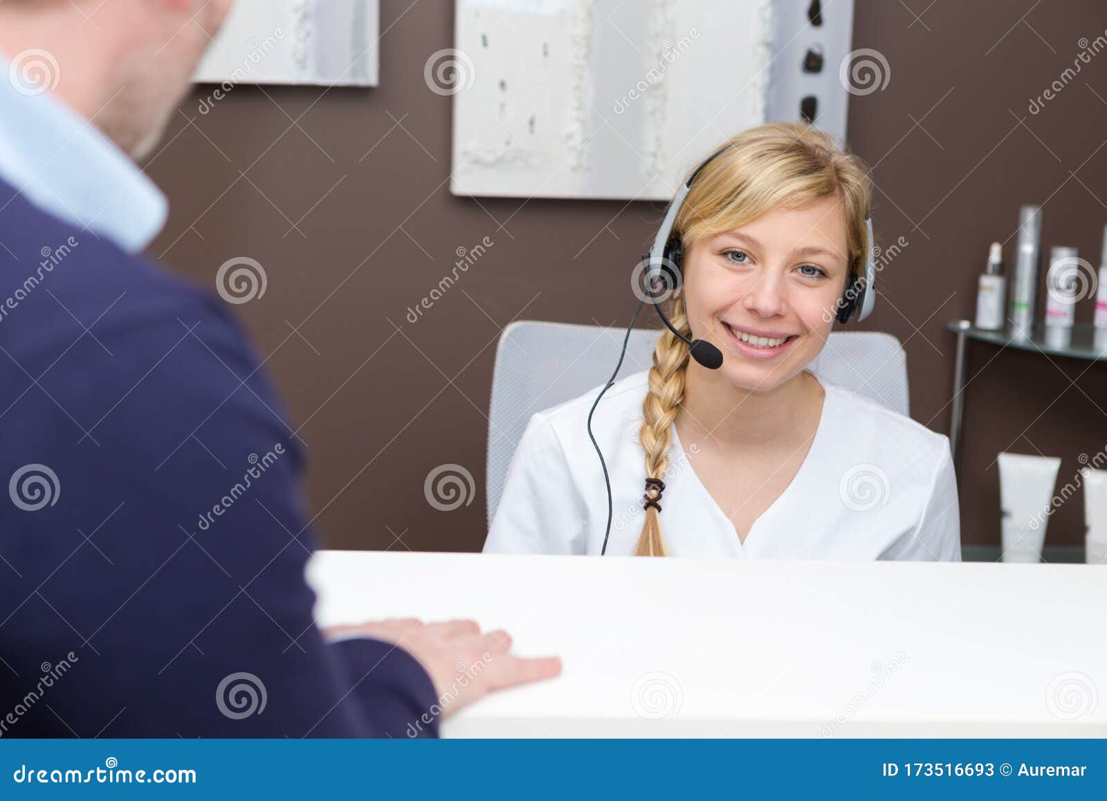 Portrait Smiling Blonde Receptionist Wearing Headset Stock Image ...