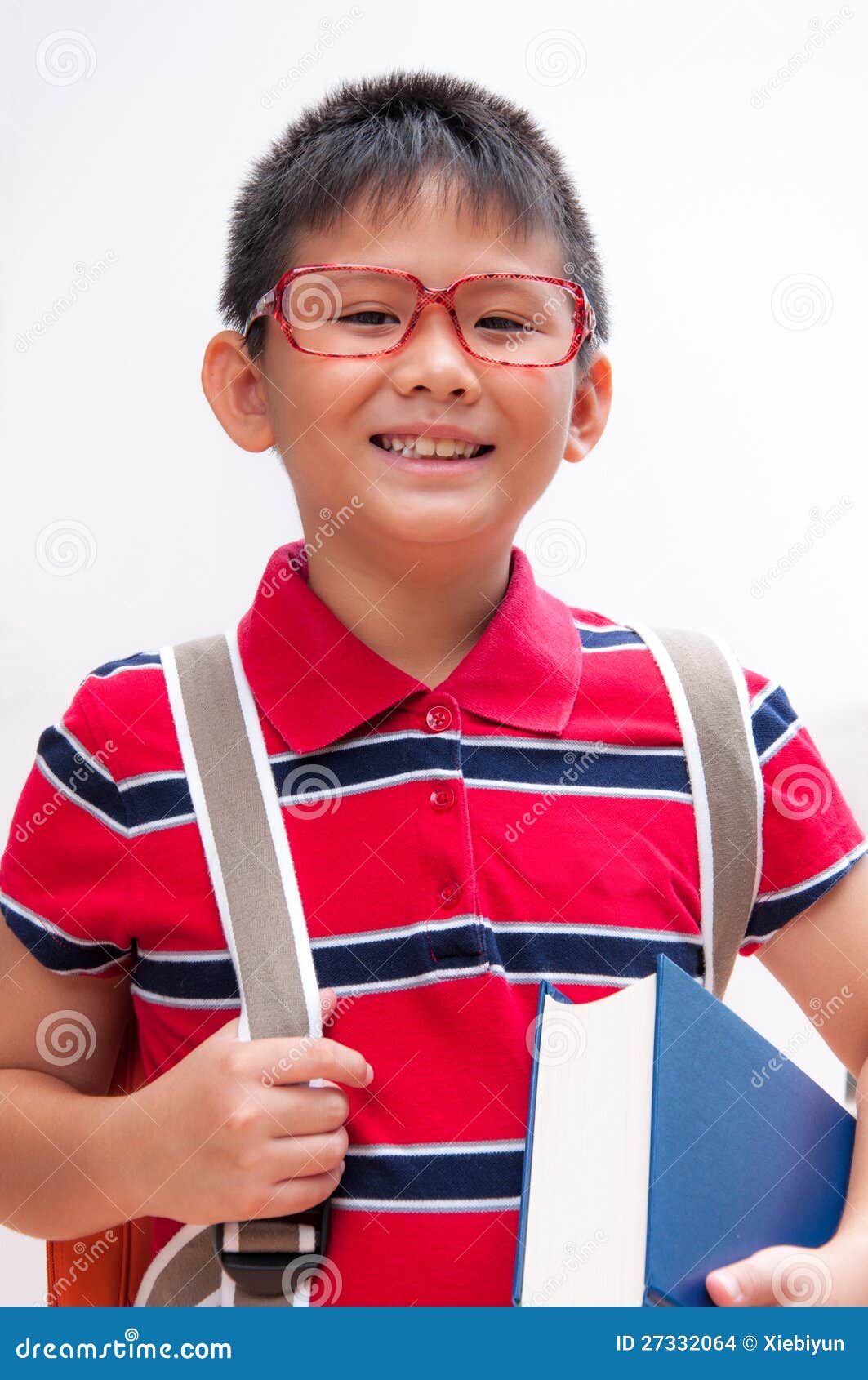 Portrait of Smiling Boy with Bag and Book. Stock Photo - Image of ...
