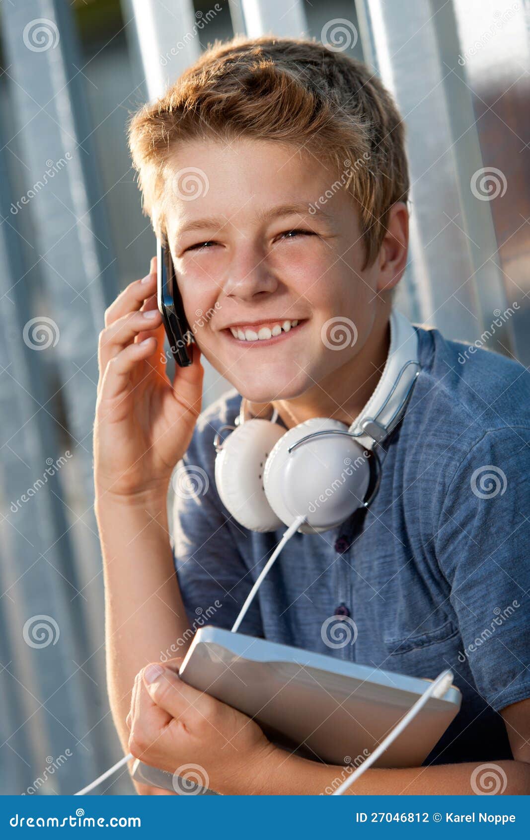 Portrait of Smiling Boy Talking on Smart Phone. Stock Photo - Image of ...