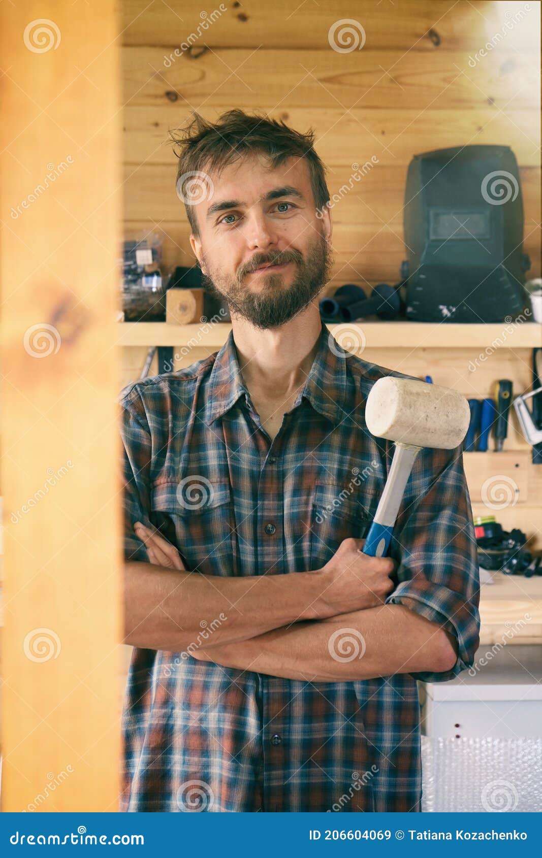 Portrait of Smiling Brutal Bearded Worker Man Stands in Workshop with ...