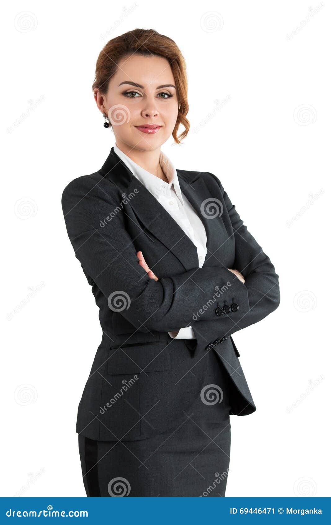 Portrait Of Smiling Business Woman With Folded Hands Isolated On Stock
