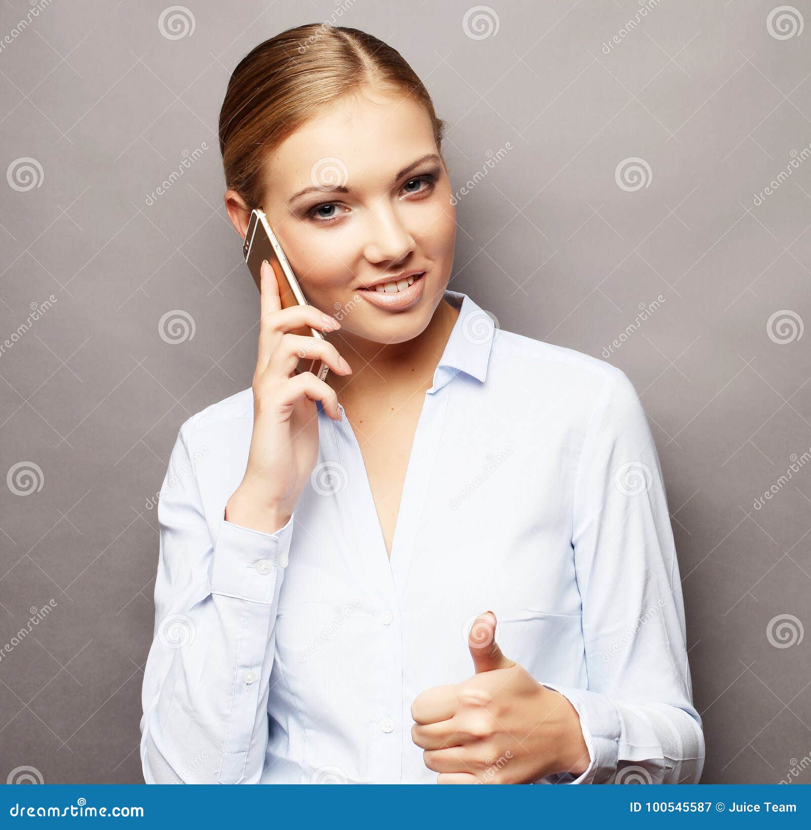 Portrait Of Smiling Business Woman Phone Talking And Show Ok Stock