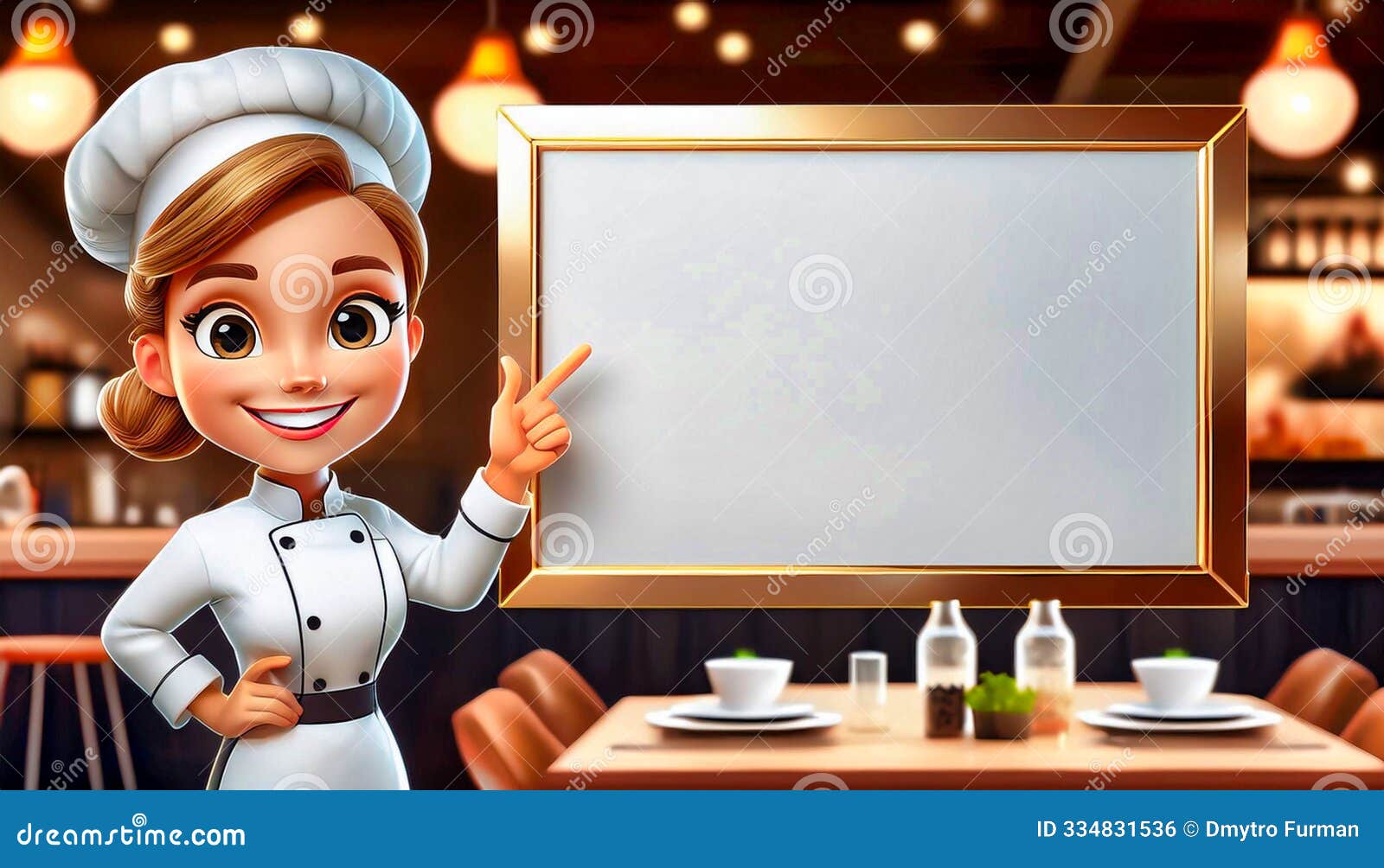 Portrait of Smiling Cartoon Chef Pointing on Whiteboard with Blank ...