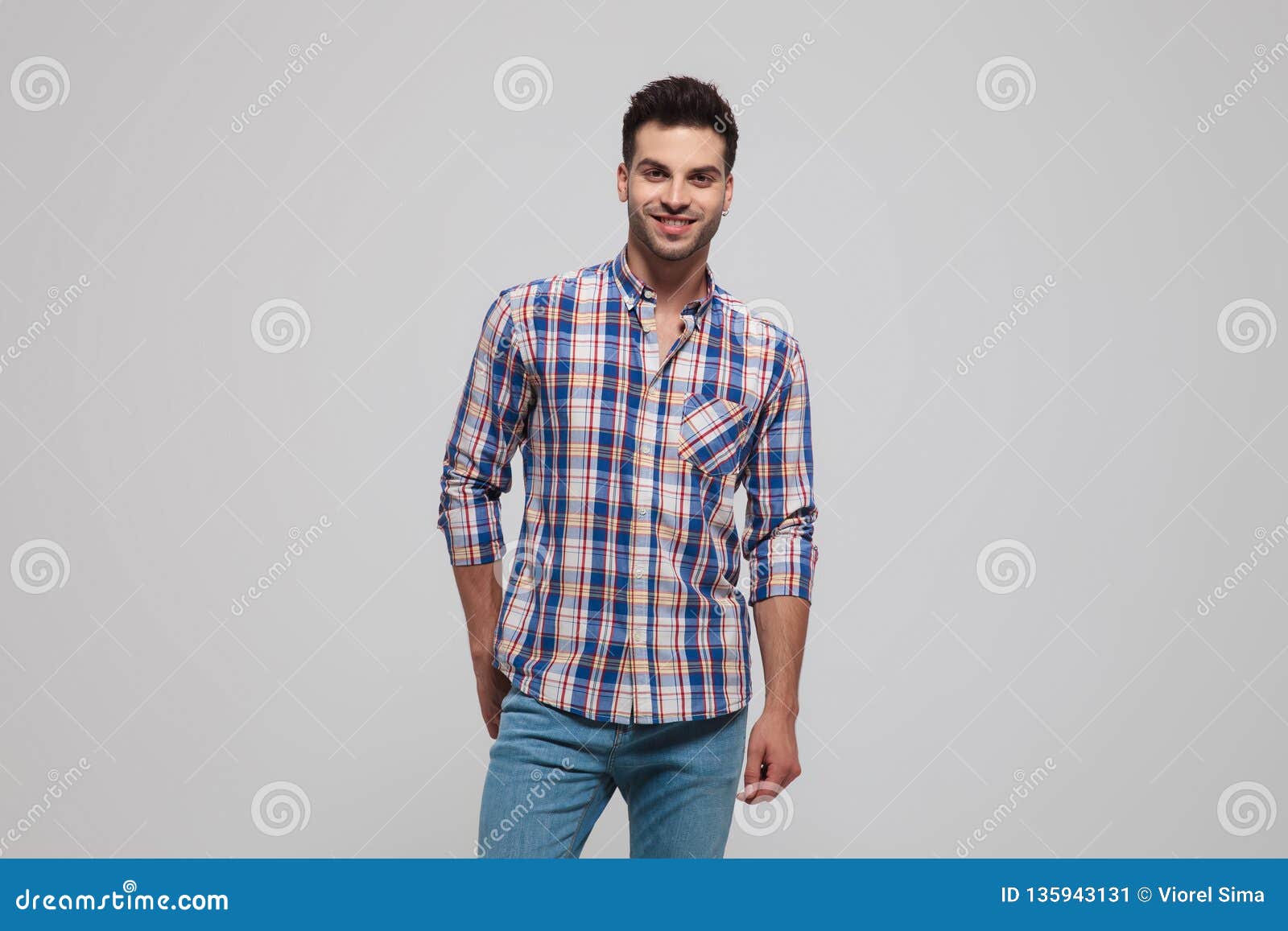 Portrait of Smiling Casual Man Wearing Shirt with Blue Checkers Stock ... Portrait of Smiling Casual Man Wearing Shirt with Blue Checkers Stock ...