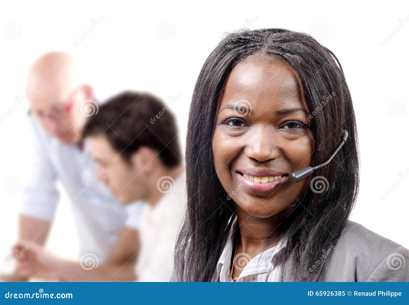 Portrait of Smiling Cheerful African Support Phone Operator in H Stock ...