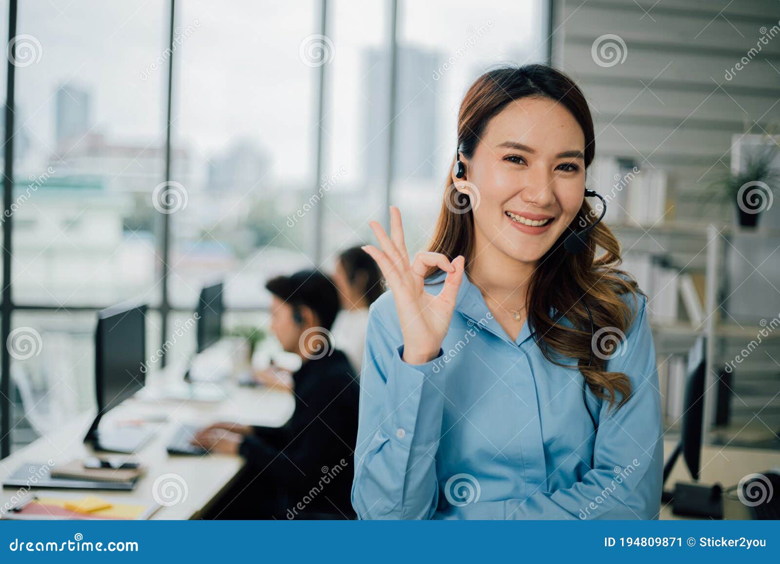 Portrait of Smiling Cheerful Customer Support with Headset Showing Okay ...