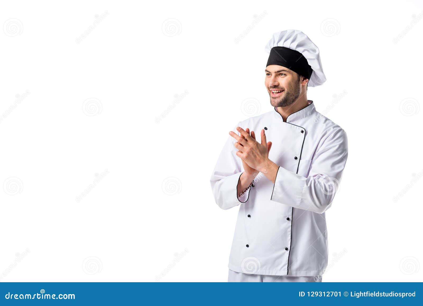 Portrait of Smiling Chef in Uniform and Hat Looking Away Stock Image ...