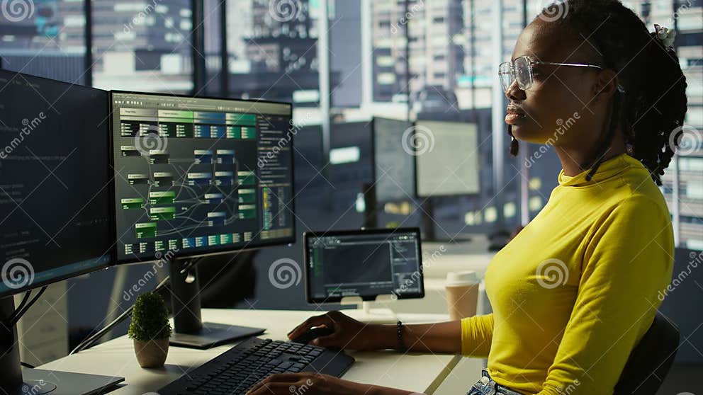 Portrait of Smiling Computer Scientist at Work Doing Software Debugging Using PC Stock Photo ...