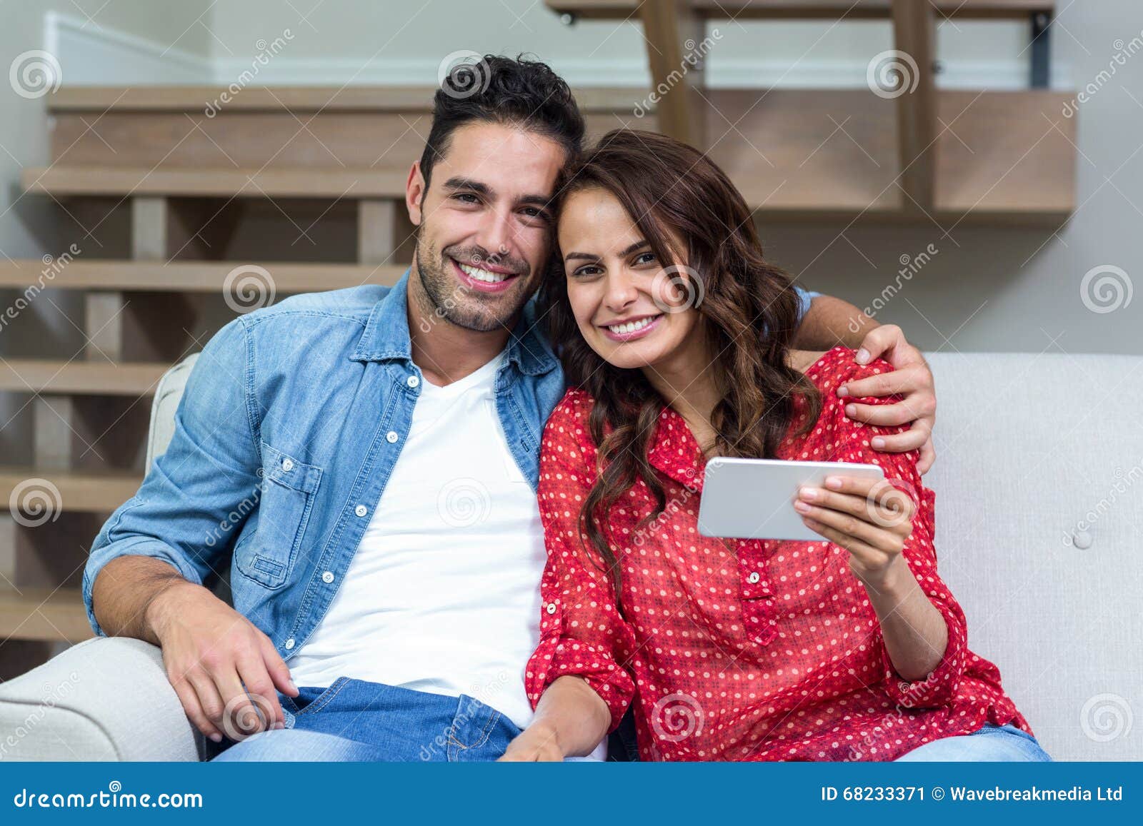 Portrait of Smiling Couple Using Smartphone Stock Image - Image of ...