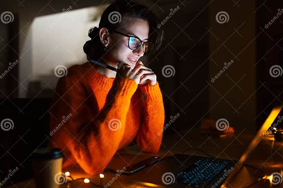 Portrait Of Smiling Designer Girl Working At Graphic Tablet On Laptop