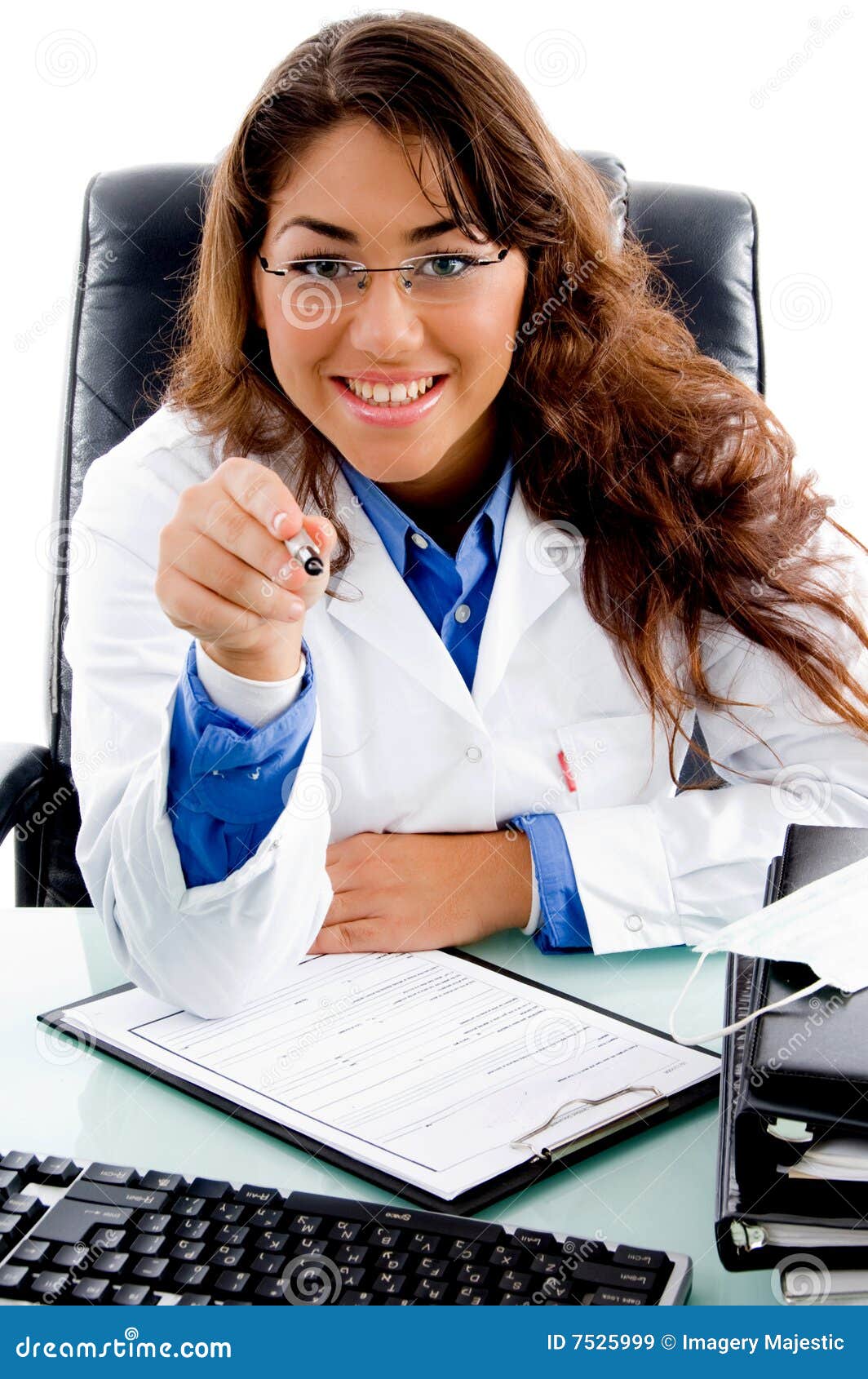 Portrait of Smiling Doctor Pointing with Pen Stock Image - Image of ...