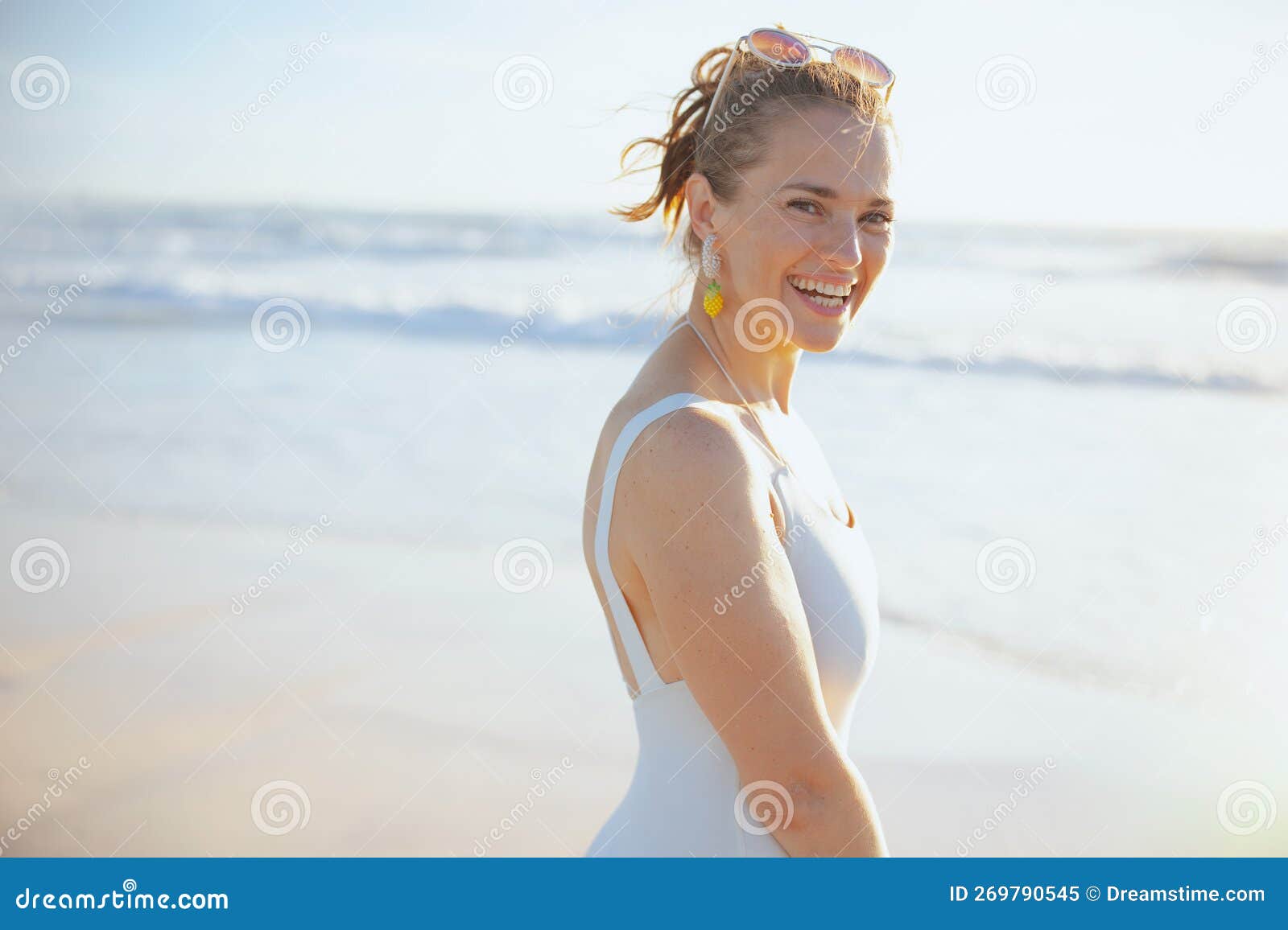 Portrait of Smiling Elegant Woman in Swimwear at Beach Stock Image ... Portrait of Smiling Elegant Woman in Swimwear at Beach Stock Image ...