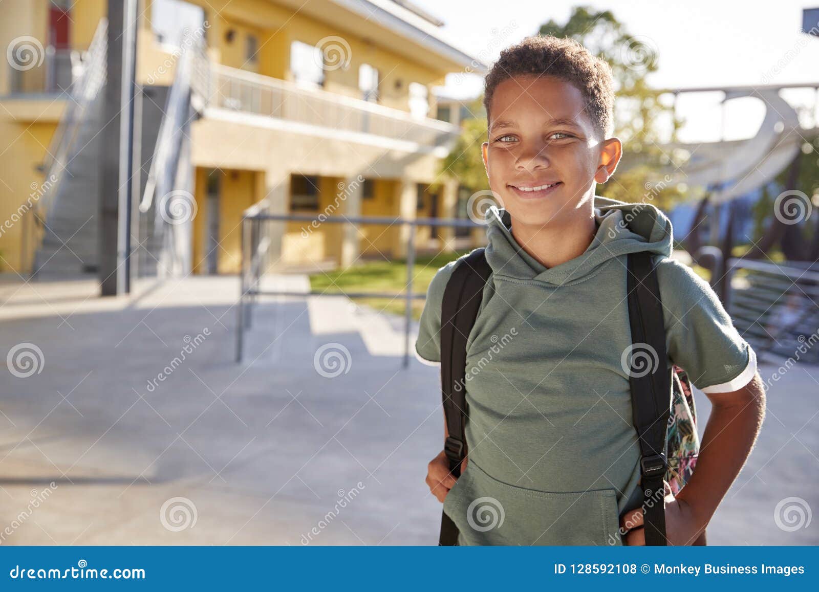 Portrait of Smiling Elementary School Boy with His Backpack Stock Photo ...