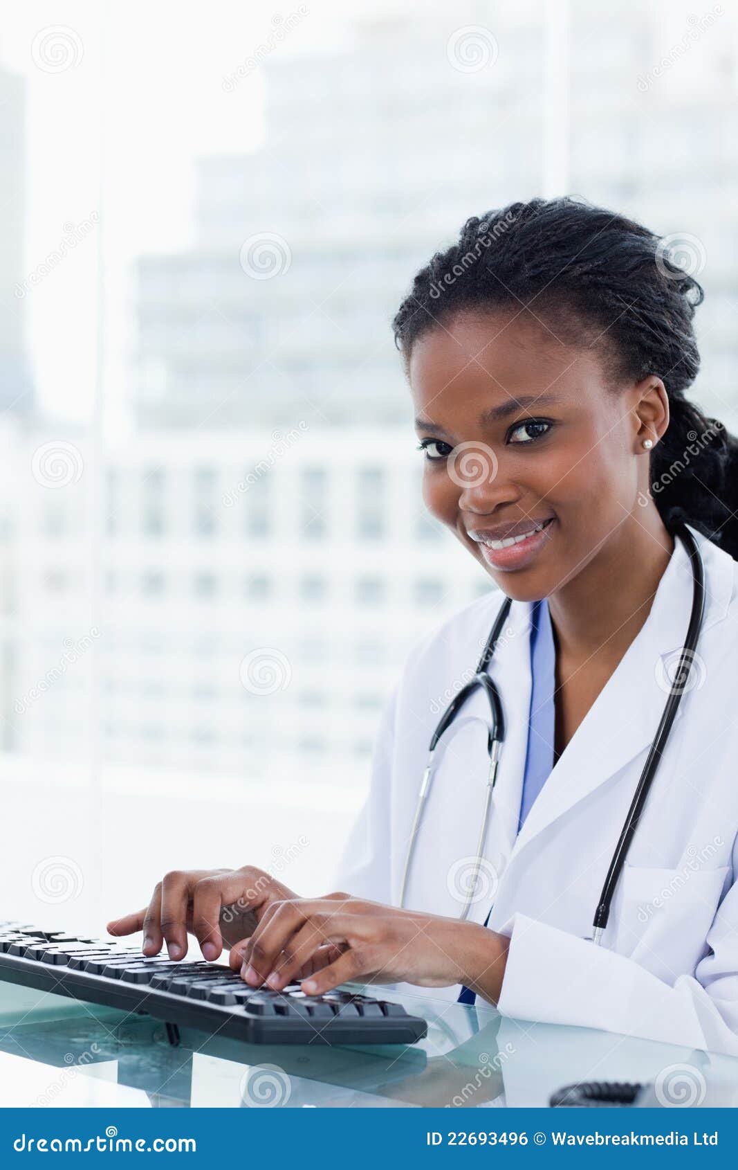 Portrait of a Smiling Female Doctor Using a Computer Stock Photo ...