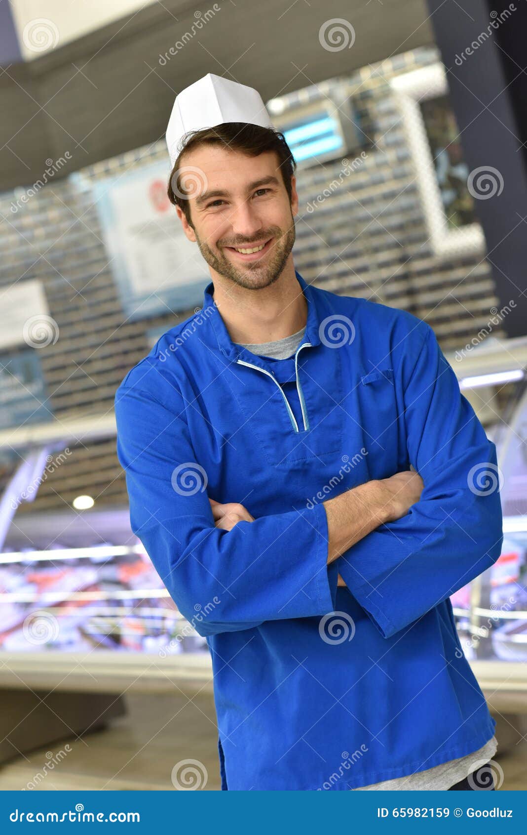Portrait of Smiling Fishmonger Stock Image - Image of shop, serving ...