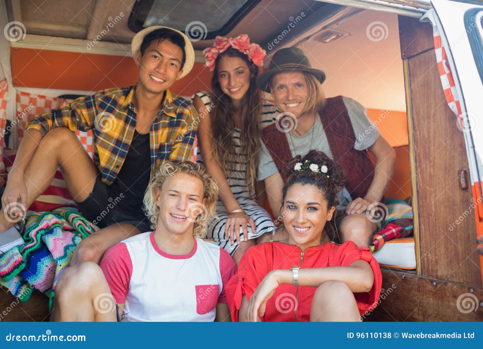 Portrait of Smiling Friends Together in Camper Van Stock Photo - Image ...