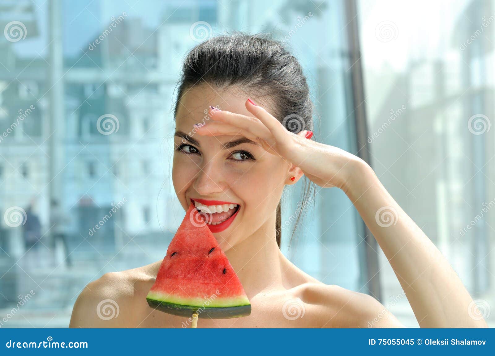 Portrait of a Smiling Girl with Watermelon Stock Image - Image of adult ...