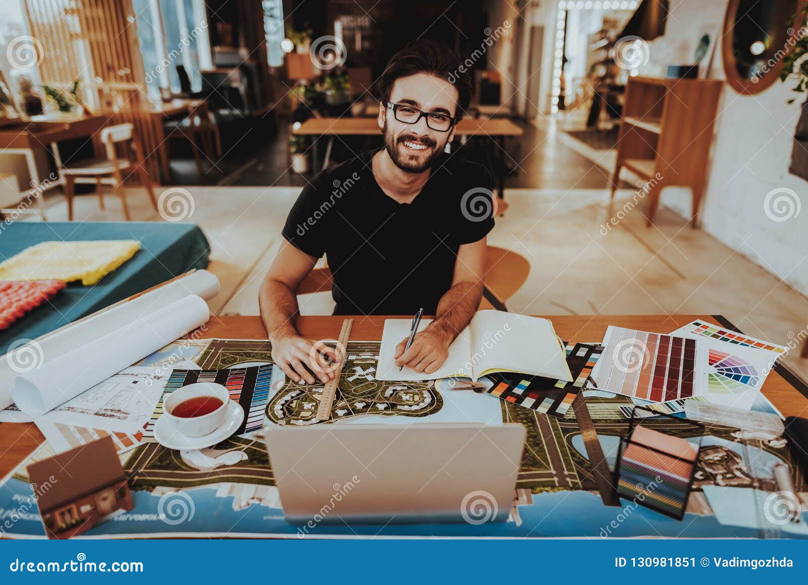 Portrait Of Smiling Graphic Designer Enjoys Work Stock Image Image Of