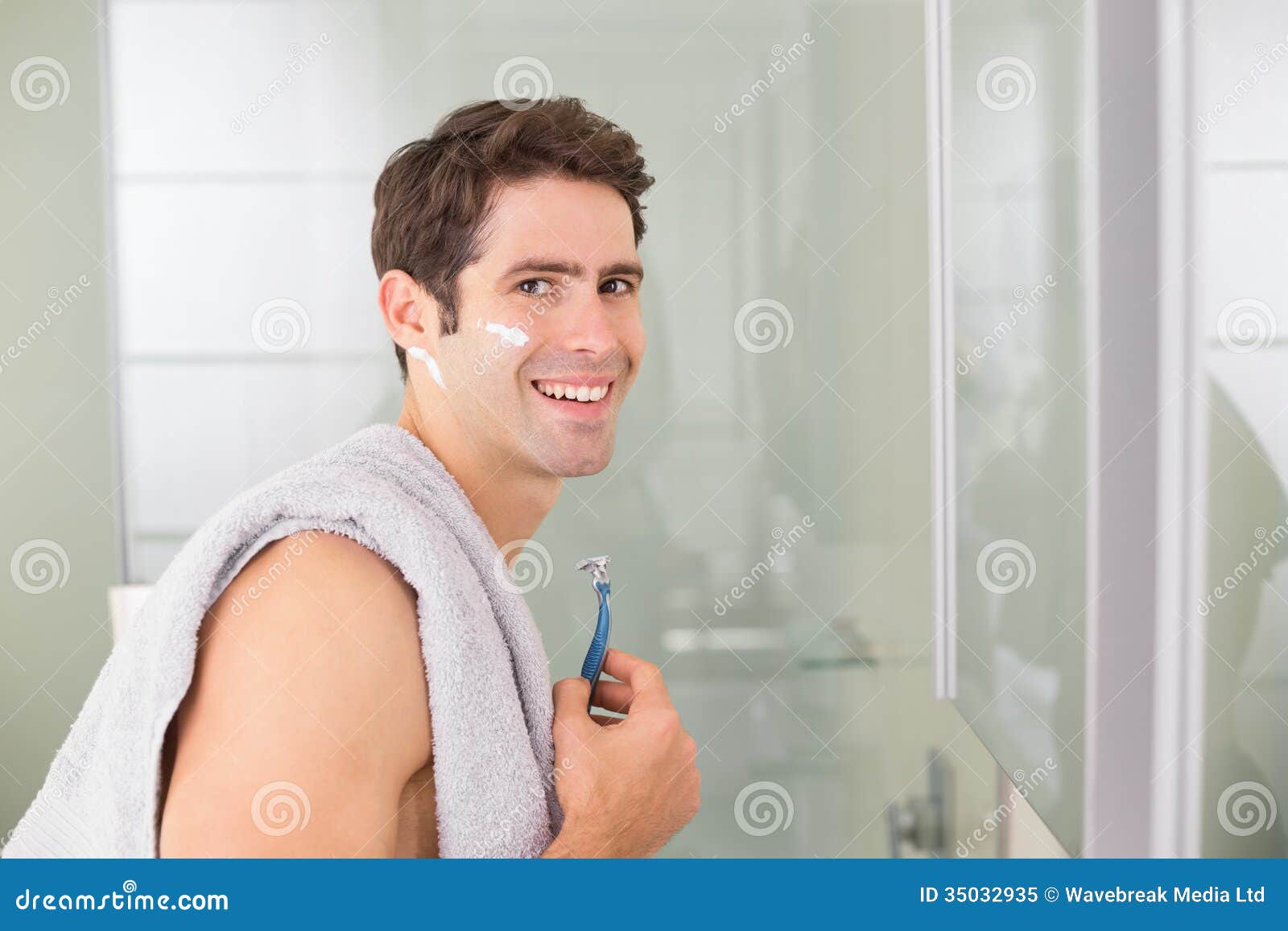 Portrait of Smiling Handsome Man Shaving in Bathroom Stock Image ...