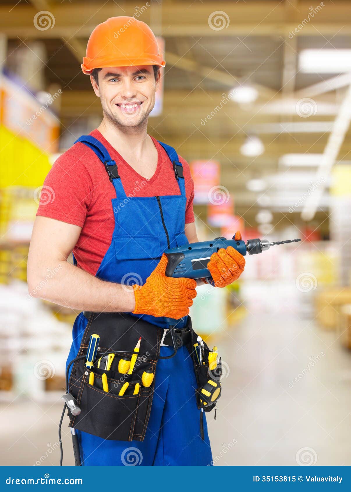 Portrait of Smiling Handyman with Drill Stock Image - Image of repair ...
