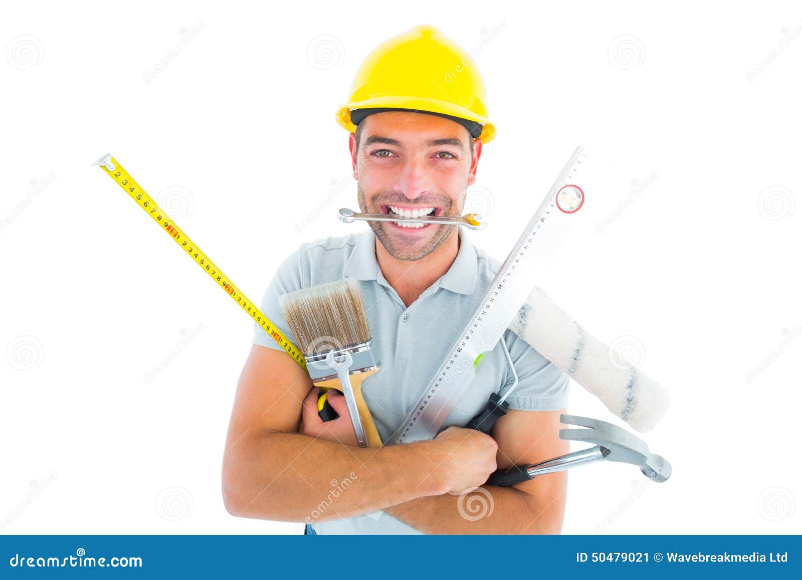 Portrait of Smiling Handyman Holding Various Tools Stock Image - Image ...