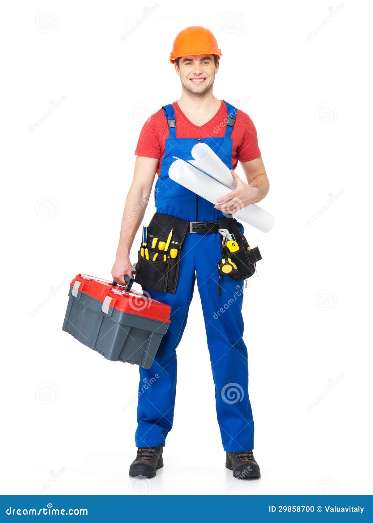 Smiling Handyman with Tools and Paper Stock Photo - Image of background ...