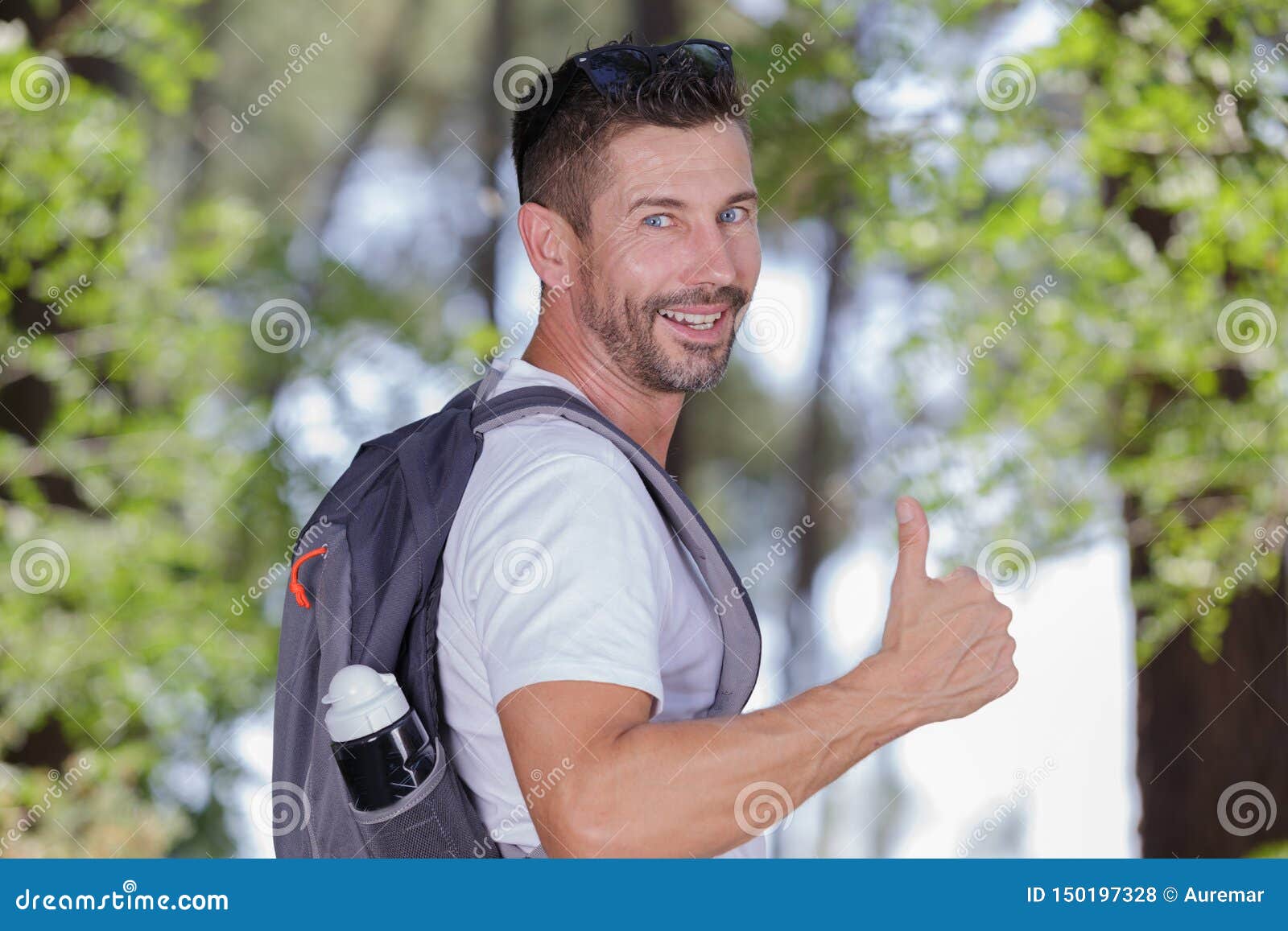 Portrait Smiling Hiker with Thumbs Up Stock Photo - Image of expression ...