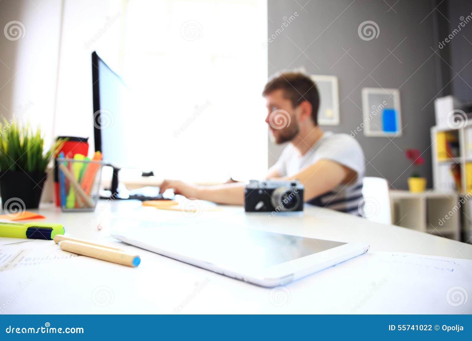Portrait of Smiling Male Photo Editor Using Computer Stock Photo ...