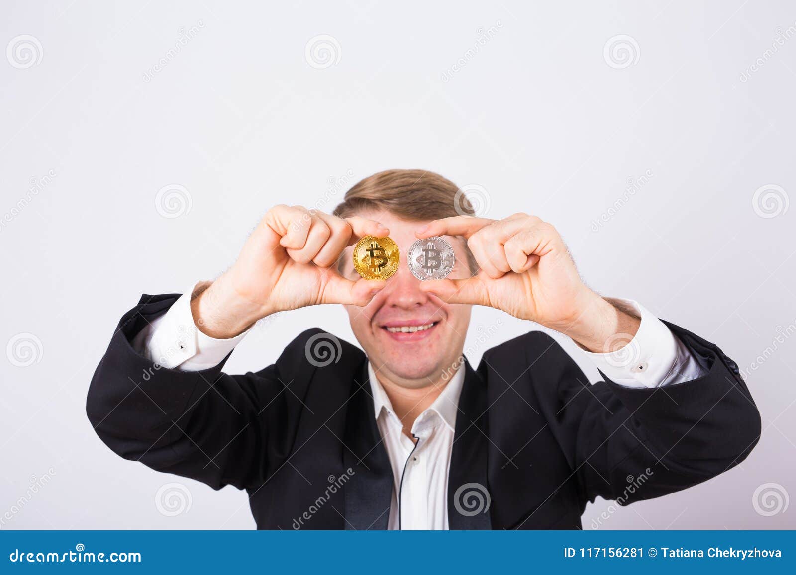 Portrait of Smiling Man with Bitcoin Stock Image - Image of economy ...