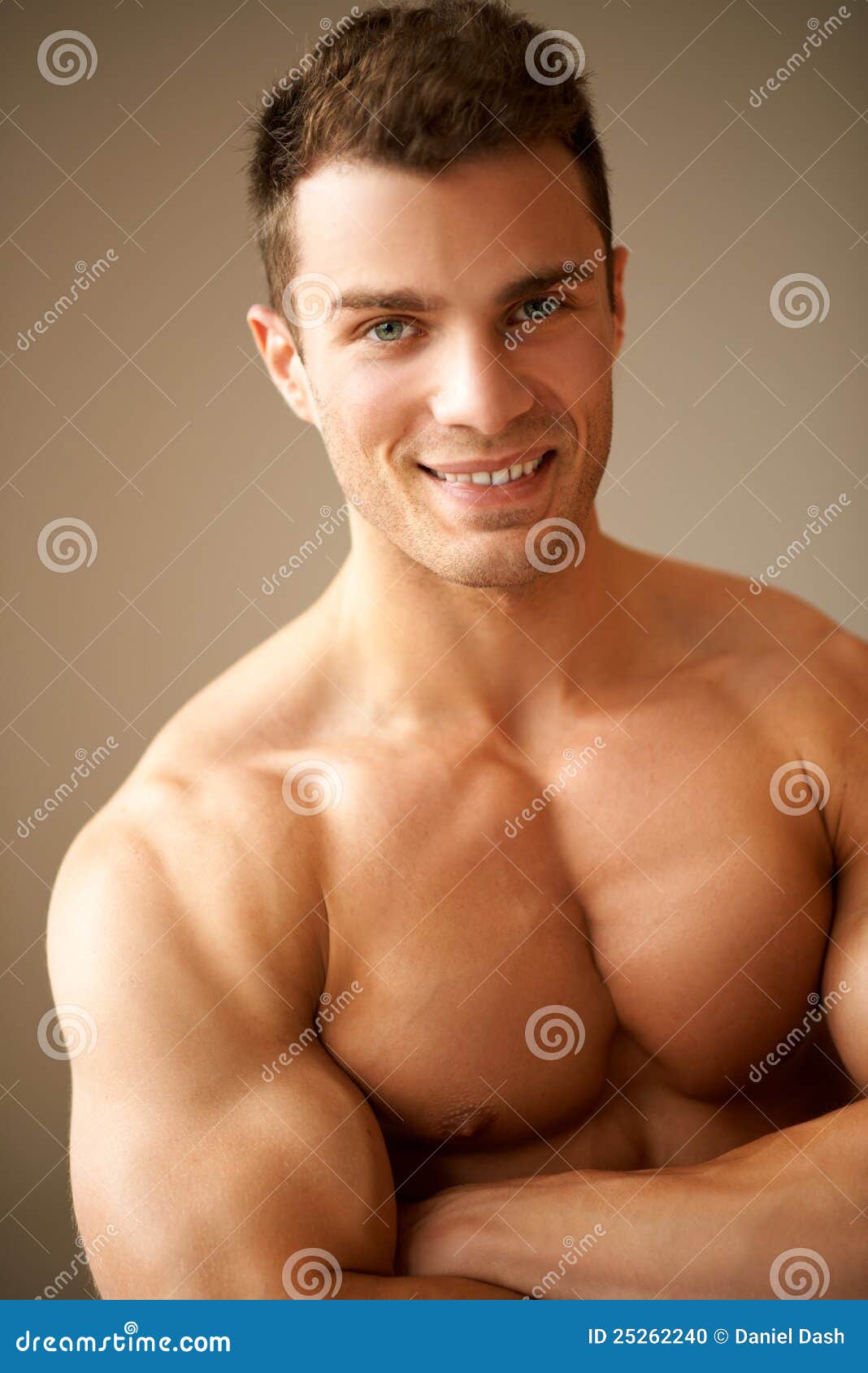 Portrait of Smiling Man with Muscular Arms Stock Photo - Image of torso ...