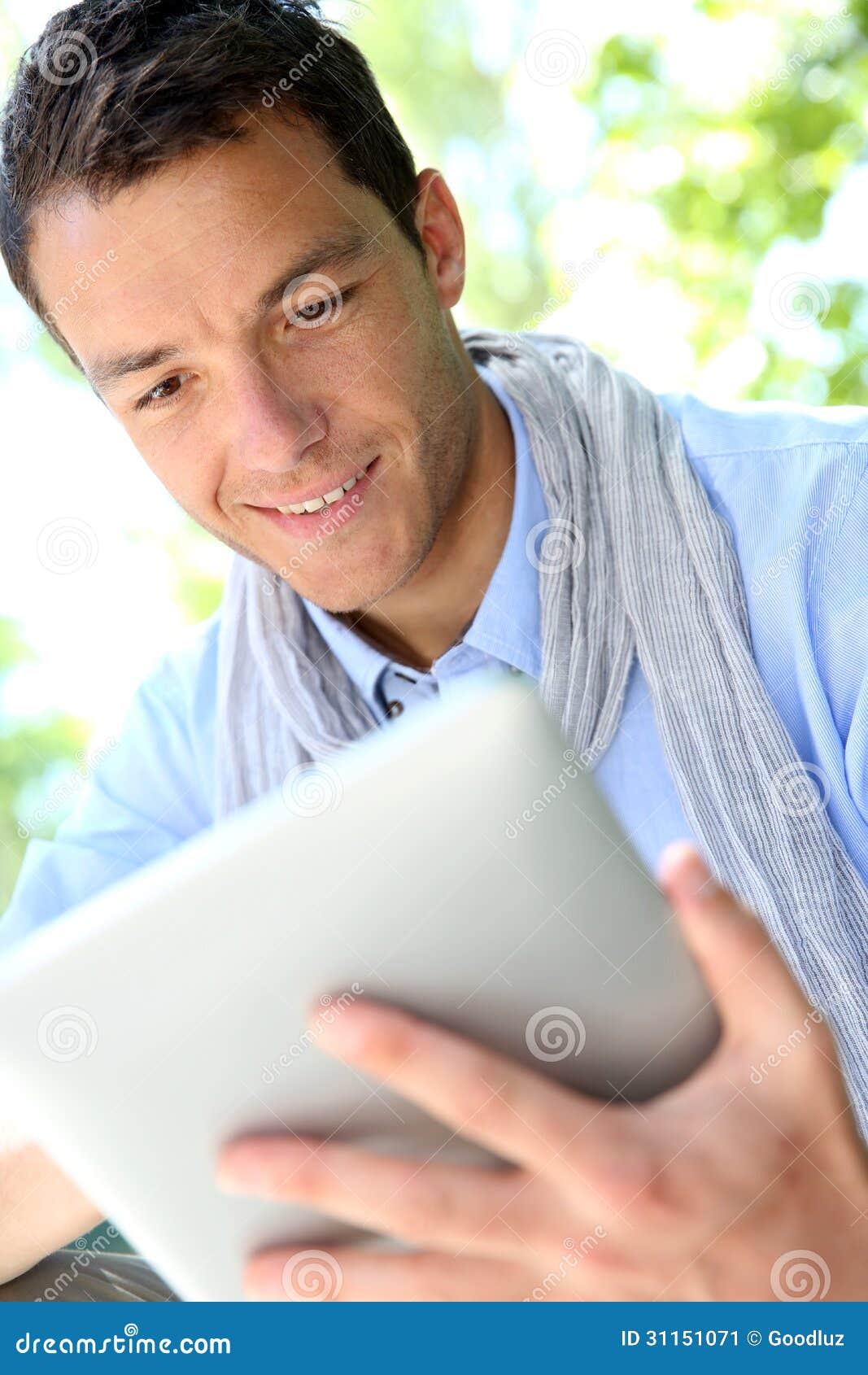 Portrait Of Smiling Man Using Tablet Stock Image Image Of Trendy