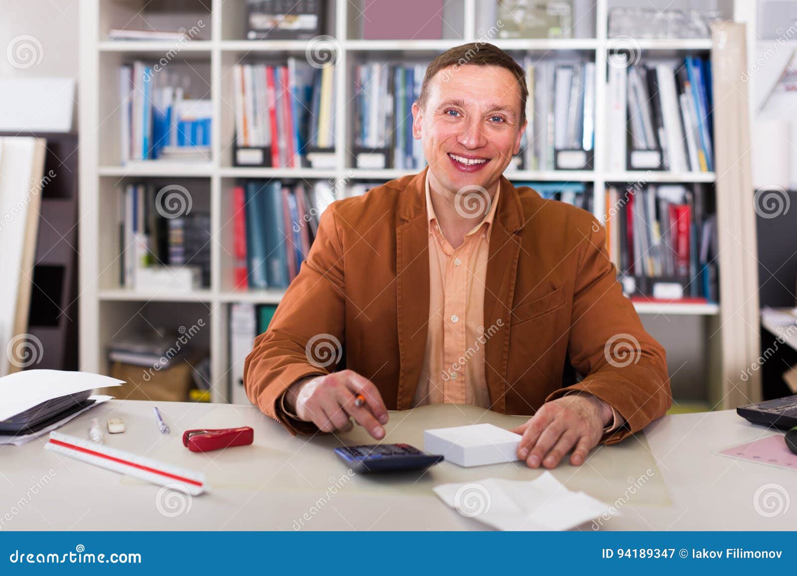 Portrait of Smiling Manager Working in Agency Office Stock Image ...