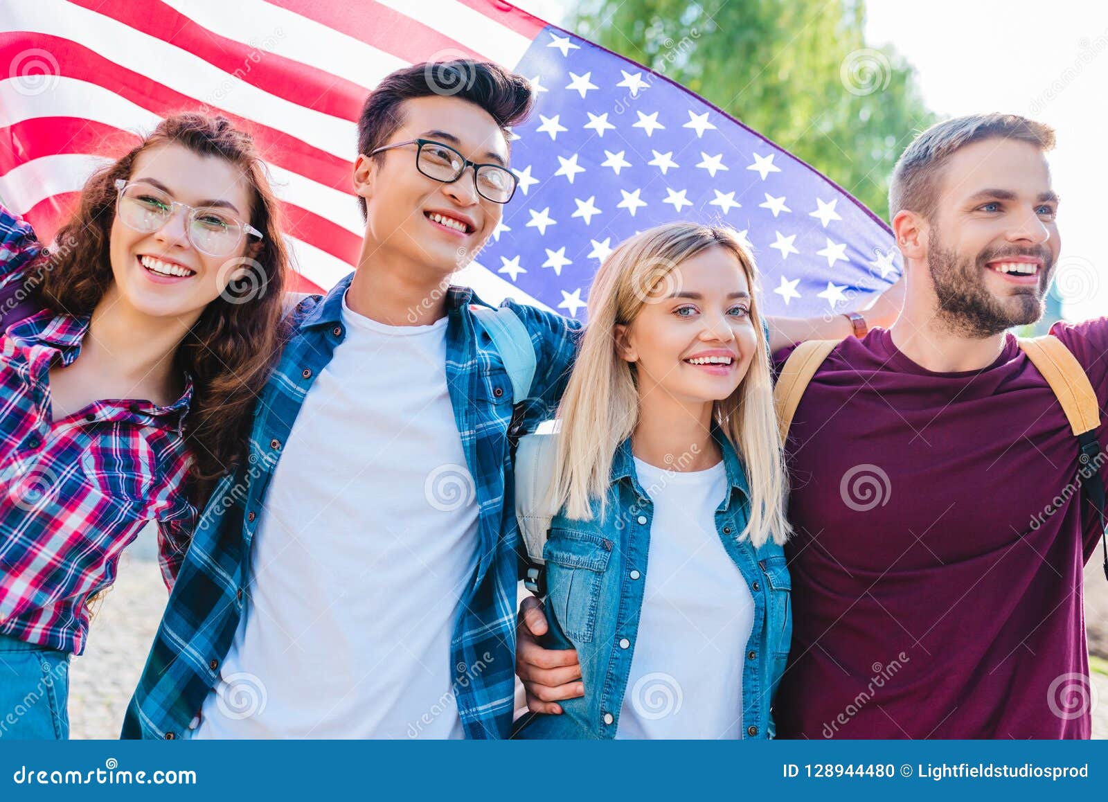 Portrait of Smiling Multicultural Students with American Flag Stock ...