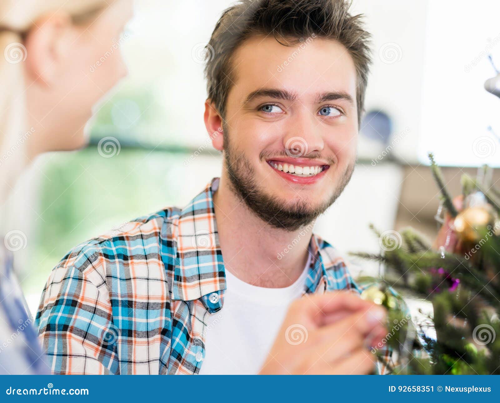 Portrait of Smiling Office Worker with Little Christmas Tree Stock ...